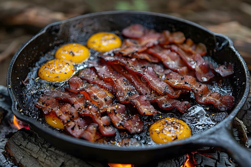 Rustic Outdoor Campfire Cooking with Bacon and Eggs in Cast Iron ...