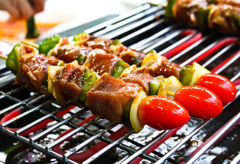 Sizzling Barbecue Sticks with Meat Stock Image - Image of onion, calf ...