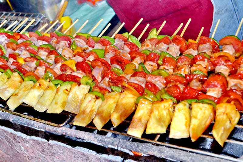 Sizzling Barbecue Sticks with Meat and Vegetables Stock Image - Image ...