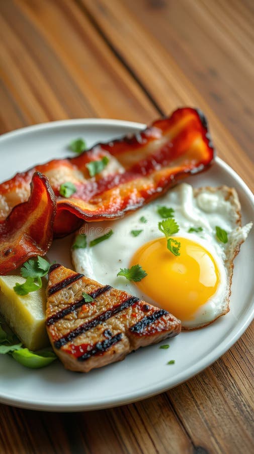 Sizzling Breakfast Platter with Bacon, Grilled Meat, Fried Egg, and ...
