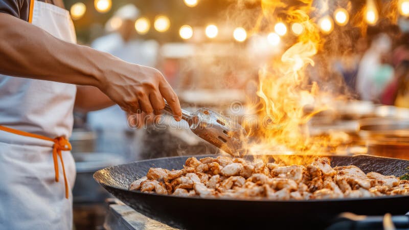 Sizzling Chicken Being Cooked in Large Pan, Creating Vibrant Atmosphere ...