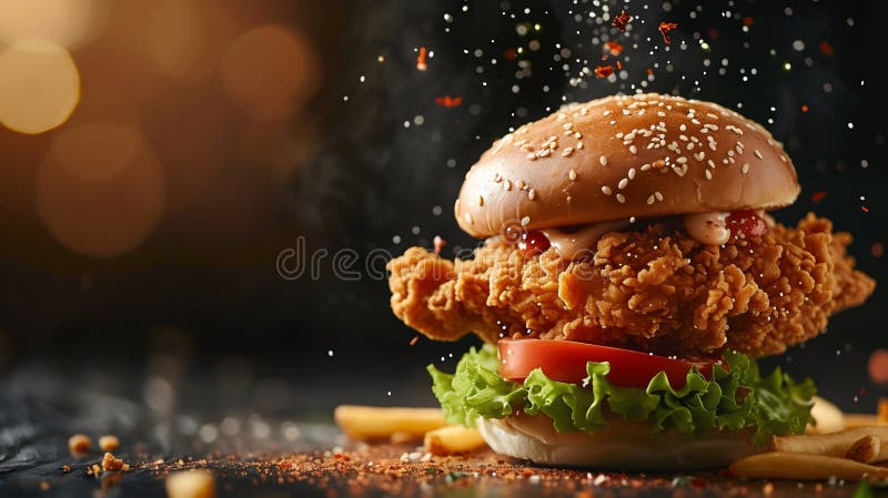 Sizzling Crispy Chicken Burger on a Dark Background. Generative Ai ...