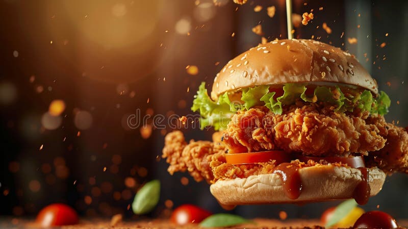 Sizzling Crispy Chicken Burger on a Dark Background. Generative Ai ...