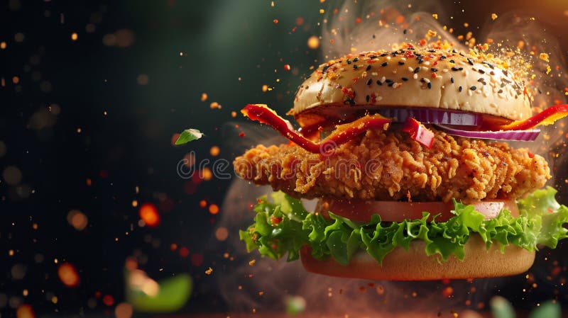 Sizzling Crispy Chicken Burger on a Dark Background. Generative Ai ...