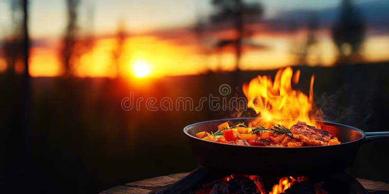Sizzling Dish Cooked Outdoors at Sunset, Showcasing Vibrant Colors and ...