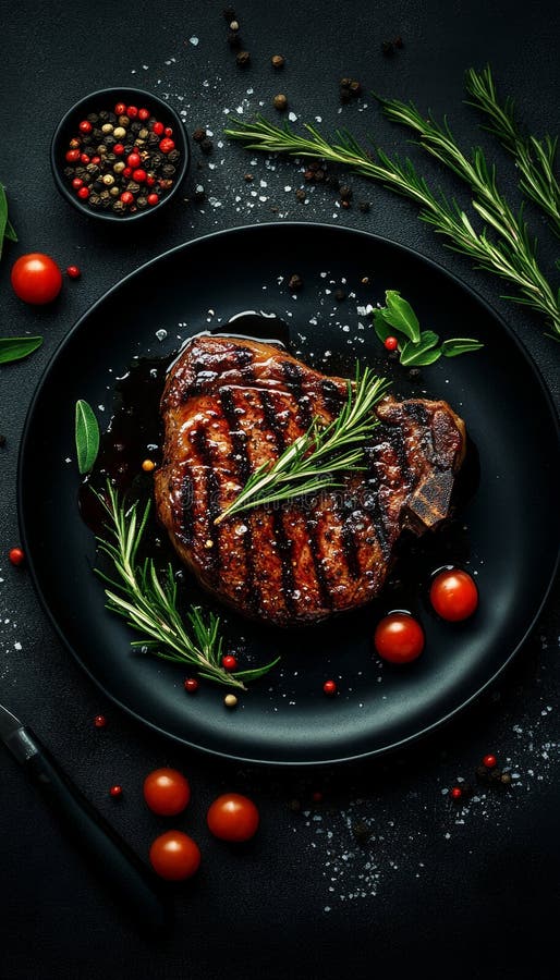 Sizzling Grilled Steak Aromatic Beef with Herbs, Spices, and Tomatoes ...