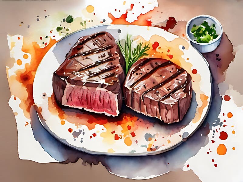Sizzling Grilled Steak in Watercolor Stock Illustration - Illustration ...