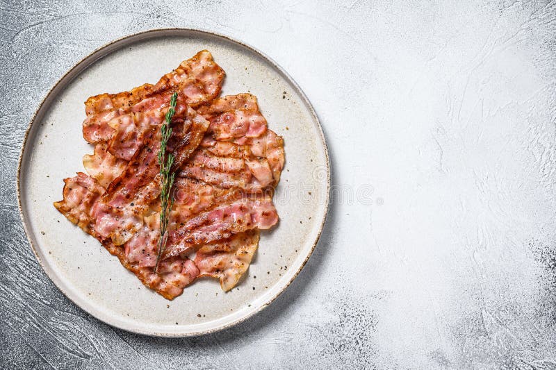 Sizzling Hot Bacon Pieces. Organic Meat. Gray Background. Top View ...
