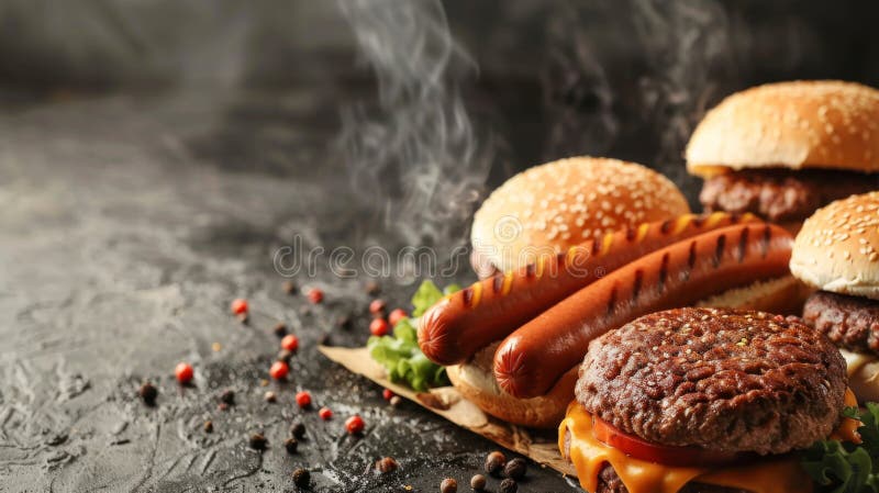 Sizzling Hot Burgers and Hot Dogs on Rustic Background Stock Image ...