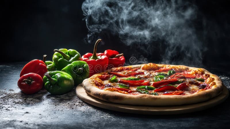 Sizzling Hot Pepperoni Pizza with Fresh Bell Peppers on Dark Background ...