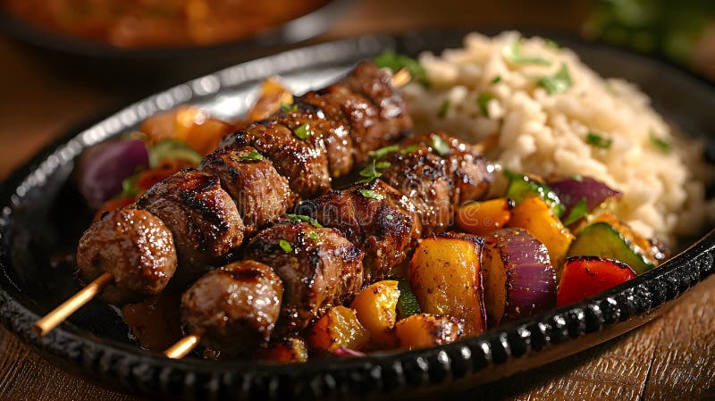 Sizzling Kebabs Served with Rice and Grilled Vegetables in a Rustic ...