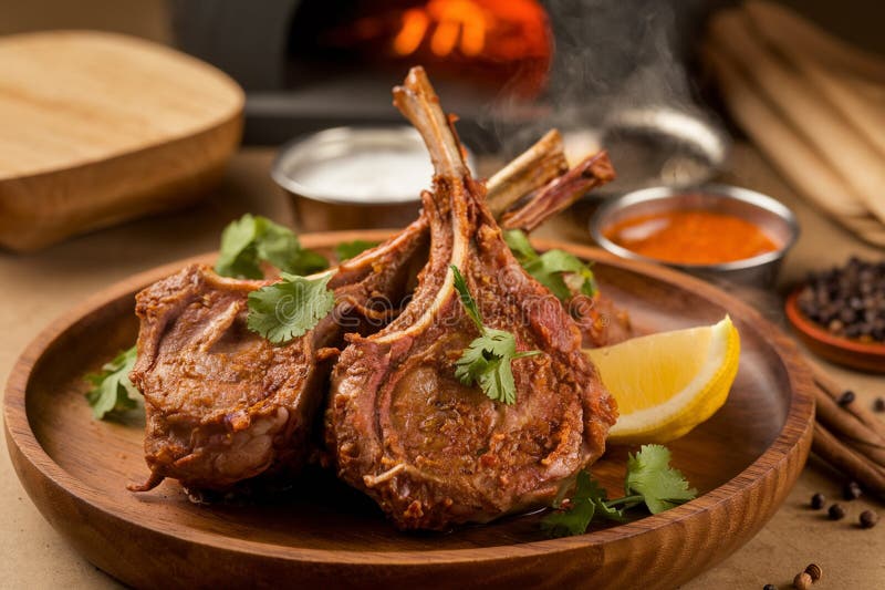 Sizzling Lamb Chops with Spices and Dips in a Rustic Setting Stock ...