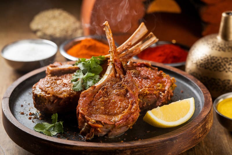 Sizzling Lamb Chops with Spices and Dips in a Rustic Setting Stock ...