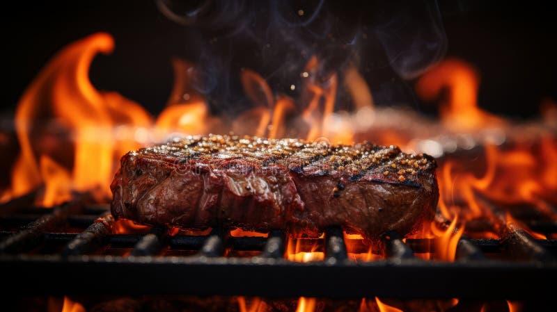 Sizzling Meat on Grill with Flames, Evoking Smell and Warmth, Blurred ...