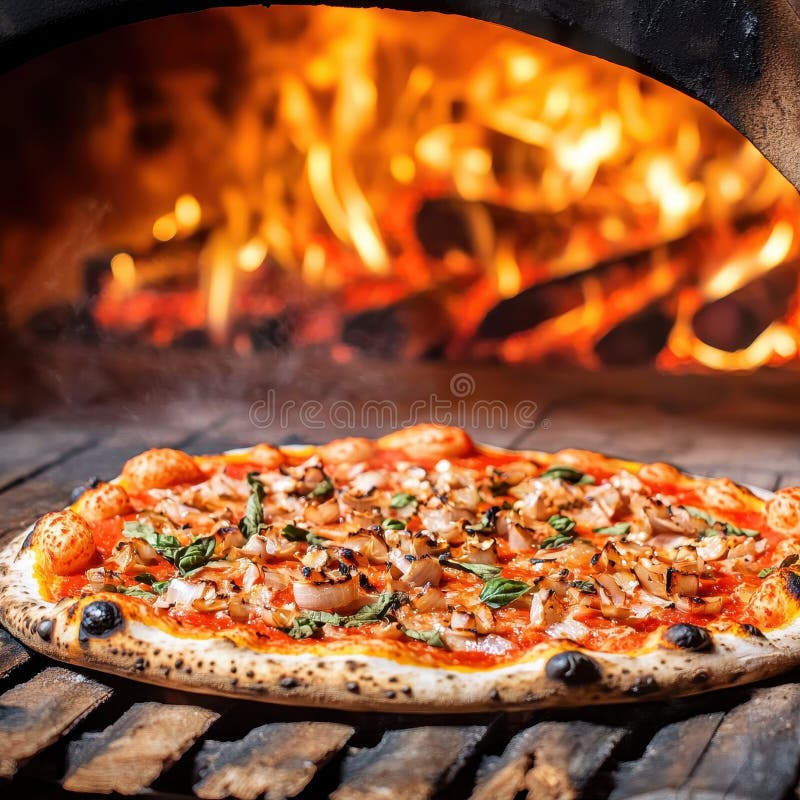 Sizzling Pizza Being Placed into a Wood-fired Oven Capturing the ...