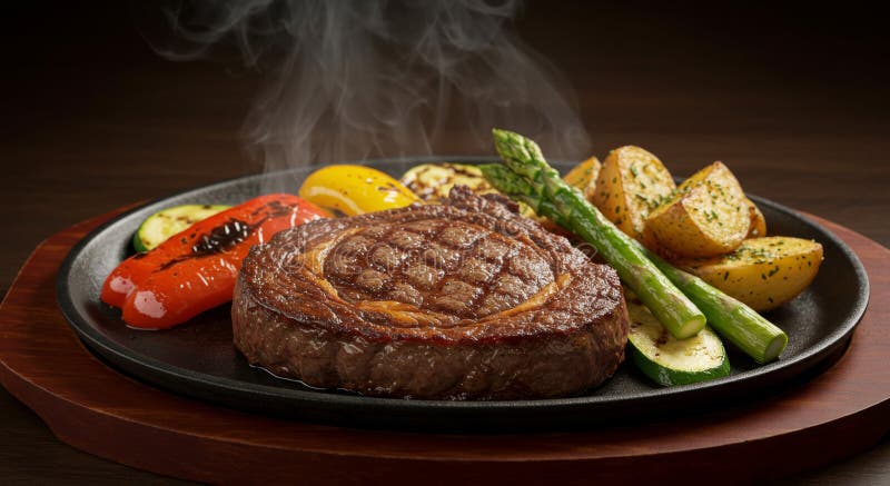Sizzling Ribeye Steak with Grilled Vegetables Stock Illustration ...