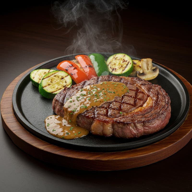 Sizzling Ribeye Steak with Roasted Vegetables and Brown Sauce Stock ...