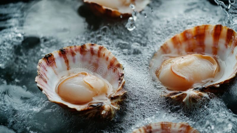 Sizzling Scallops in Shells with Water Bubbles Stock Illustration ...