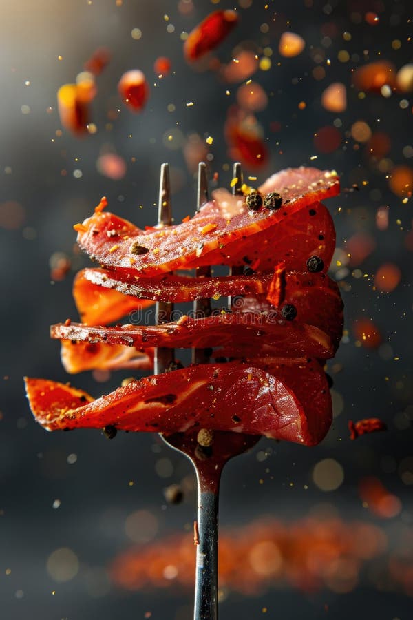 Sizzling Spiced Bacon Strips on Fork with Falling Herbs and Pepper ...