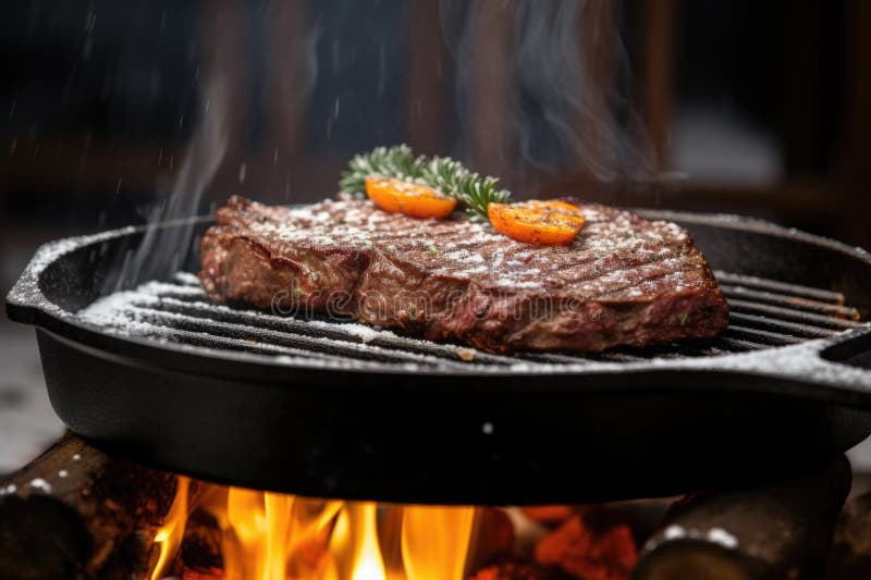 Sizzling Steak on a Cast Iron Grill with Snow in the Background Stock ...