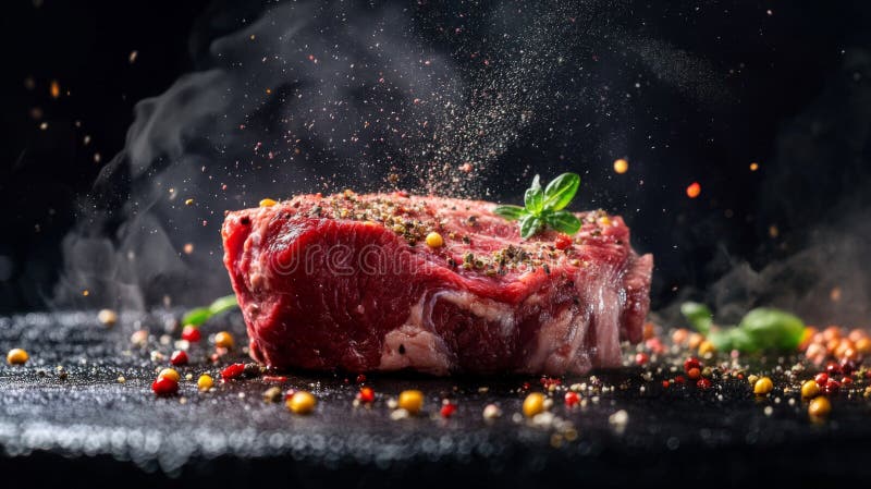 Sizzling Steak with Herbs and Spices on Black Background Stock ...