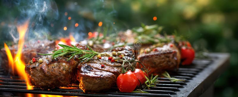 The Sizzling Steaks on a Backyard Barbecue Grill with Fresh Herbs and ...