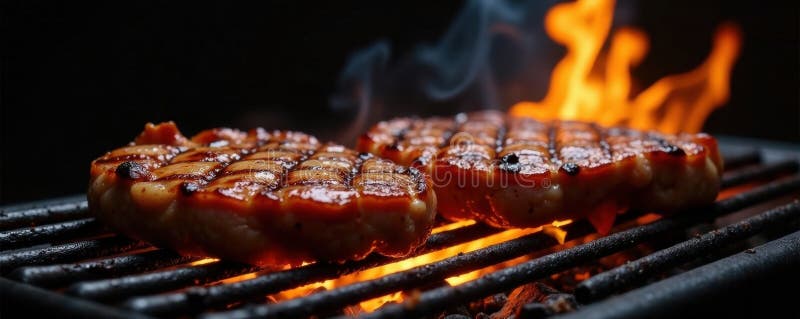 Sizzling Steaks on Fiery Grill, Black Backdrop, Delicious, Fire ...