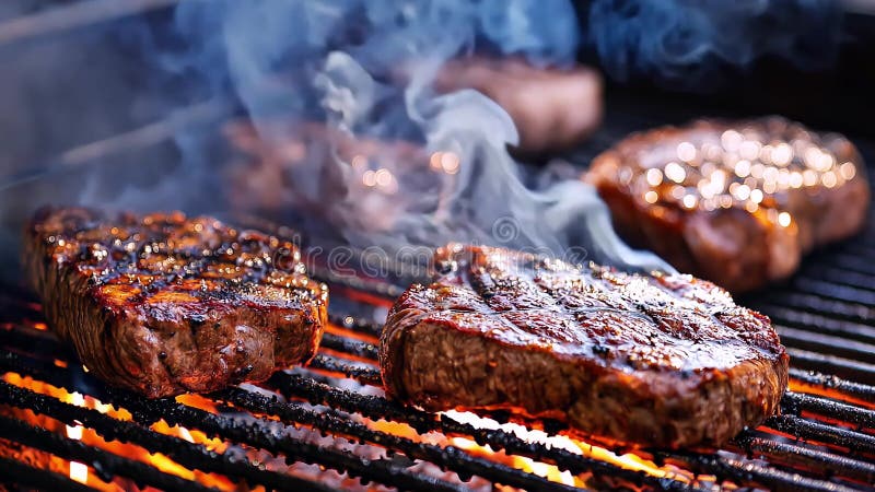 Sizzling Steaks Grilling Over Open Flames with Smoke Stock Footage ...
