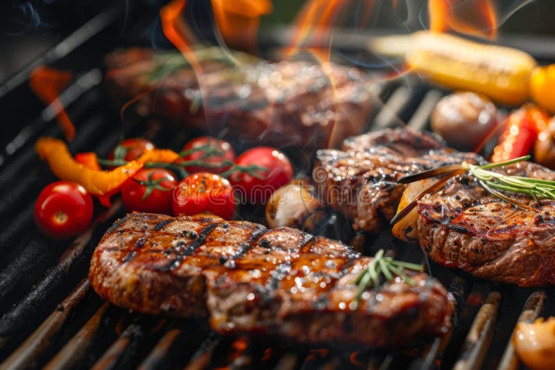 Sizzling Summer BBQ: Grilled Steaks and Vegetables Over Open Flames ...
