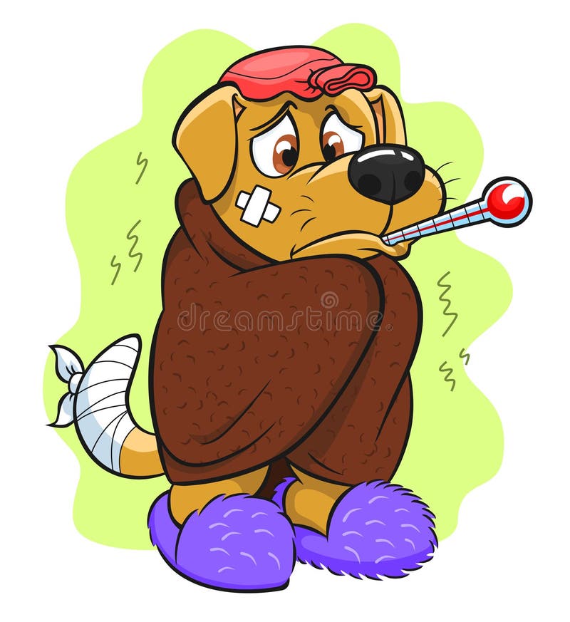 Sjuk Hund För Tecknad Film Med Den Ispåsen Och Termometern Som Isoleras ...