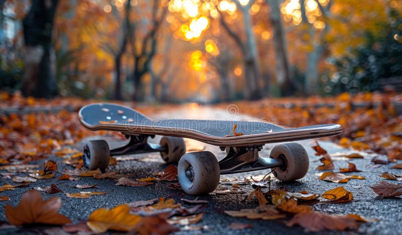 Skateboard on Autumn Path. a Skateboard Sits on a Path Covered in ...