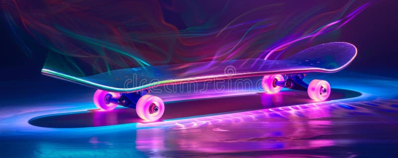 Skateboard with Neon Lights on Reflective Surface Stock Image - Image ...