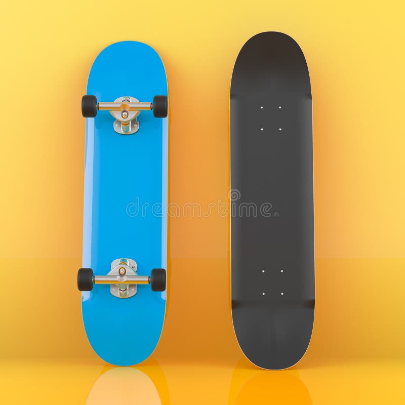 Skateboard Top and Bottom View on Orange Backdrop, 3D Rendering Stock ...