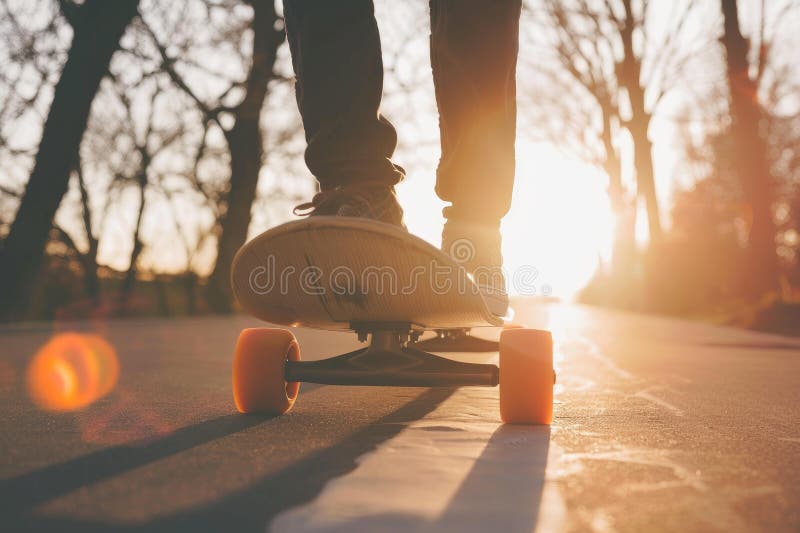 Skateboarder Standing on Longboard on Road at Sunset Stock Image ...