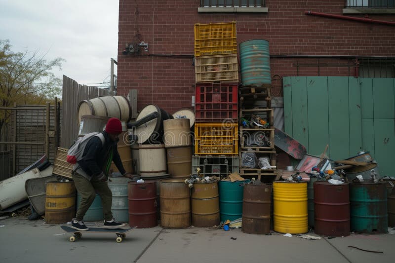 Skateboarder Passing a Stack of Discarded Barrels and Crates Stock ...