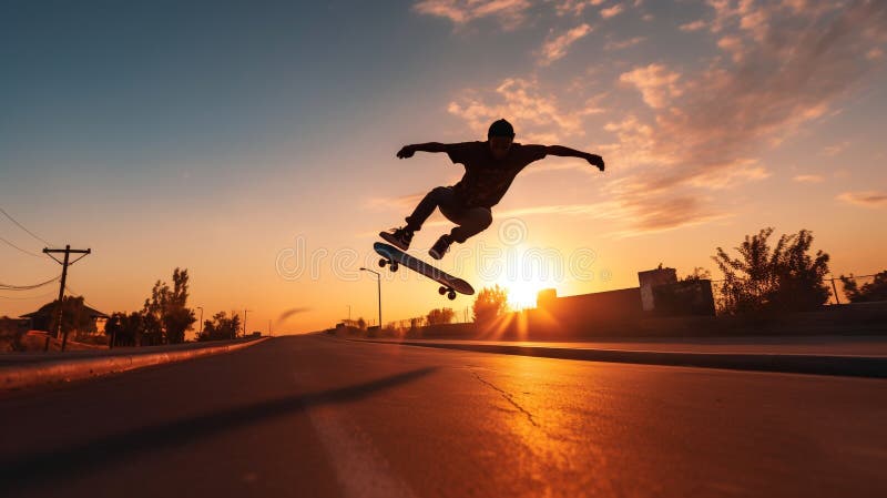 A Skateboarder Performing a Trick in Mid-air during Golden Hour, AI ...