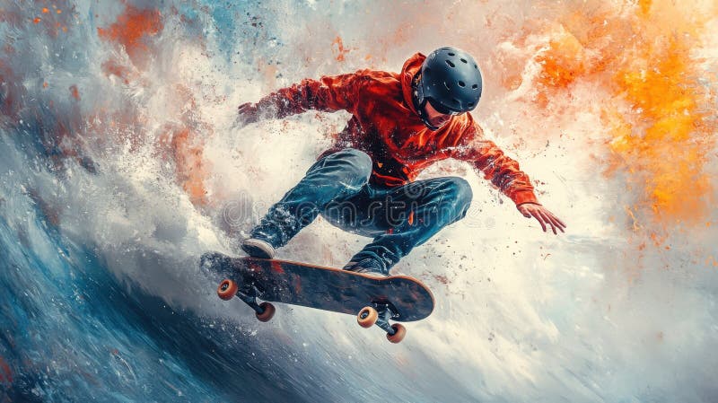 Skateboarder Performing Tricks Over a Massive Wave during a Vibrant ...