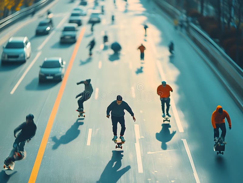 Skateboarders Practicing Tricks on a Busy Urban Highway Stock ...