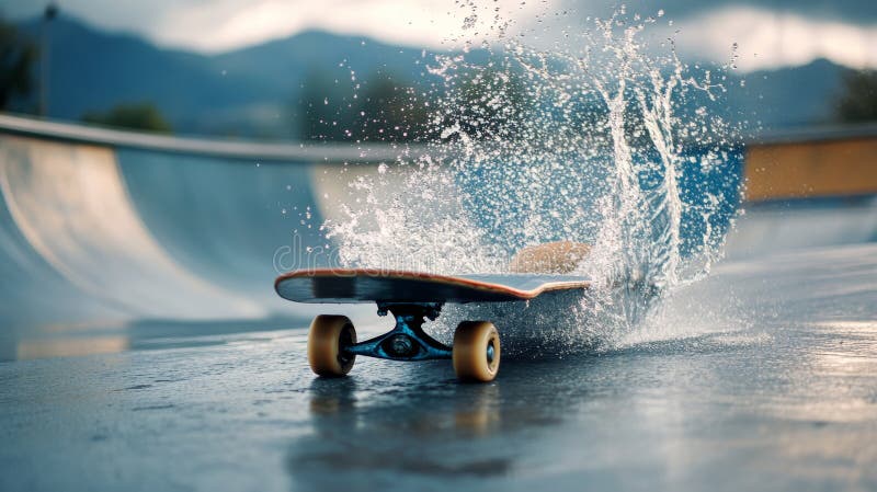 Skateboarding Thrill Wheel Bursting through Water on Ramp Creating ...