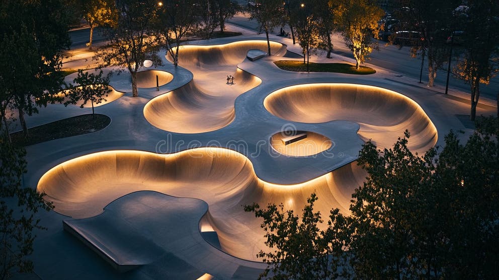 Skatepark at Dusk, Smooth Contours and Light . Stock Image - Image of ...