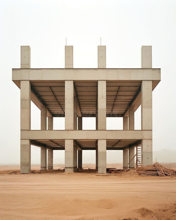 A Skeletal Concrete Structure Stands Incomplete in a Sandy Desert ...