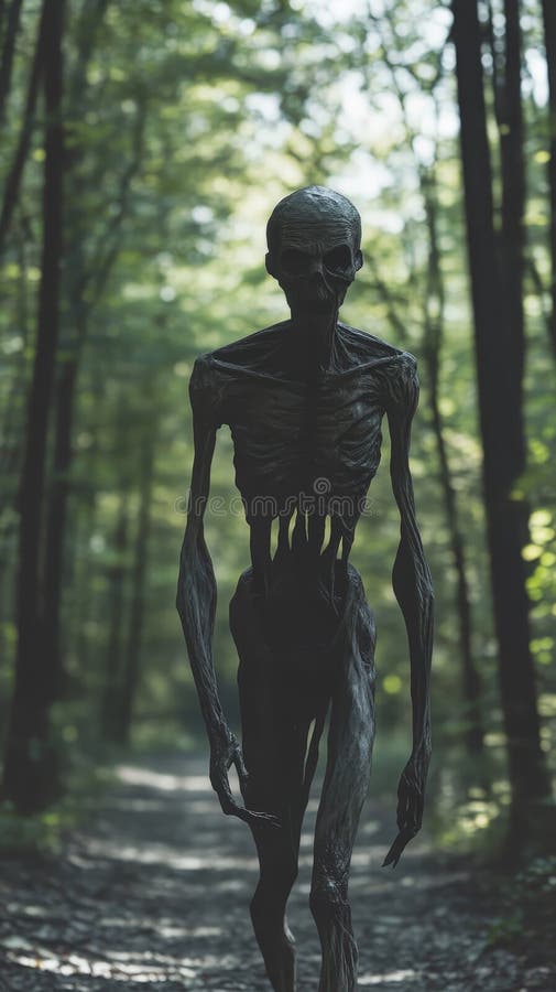 Skeletal Creature Walking in Eerie Forest Path Stock Photo - Image of ...