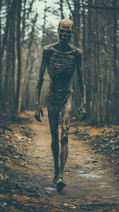 Skeletal Creature Walking in Eerie Forest Trail Stock Image - Image of ...