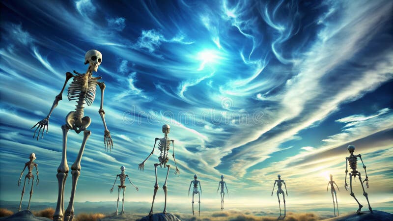 Skeletal Figures on a Hilltop Gaze at a Dramatic Sky. Generative AI ...