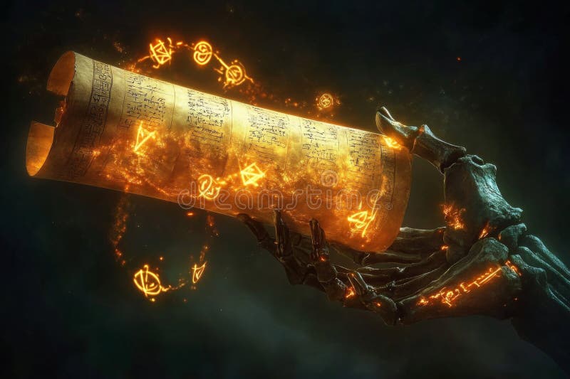 A Skeletal Hand Holding a Glowing Scroll with Ancient Symbols Stock ...