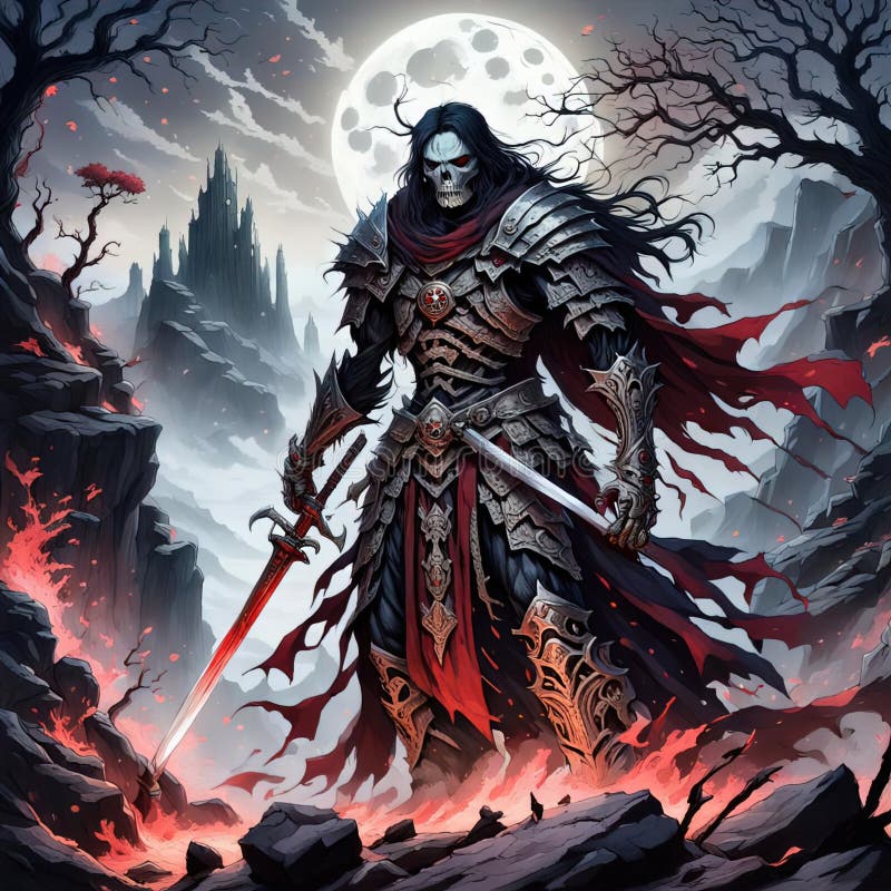 A Skeletal Warrior in Armor Stands in a Dramatic Landscape, Cloaked in ...