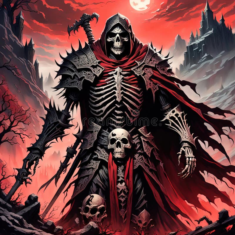 A Skeletal Warrior in Armor Stands in a Dramatic Landscape, Cloaked in ...