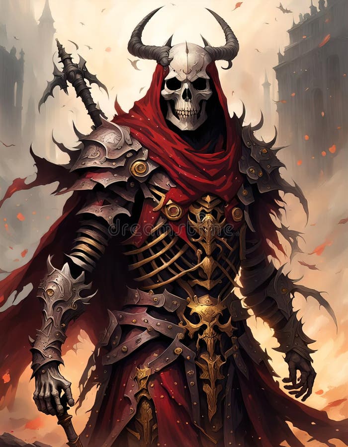 A Skeletal Warrior in Armor Stands in a Dramatic Landscape, Cloaked in ...