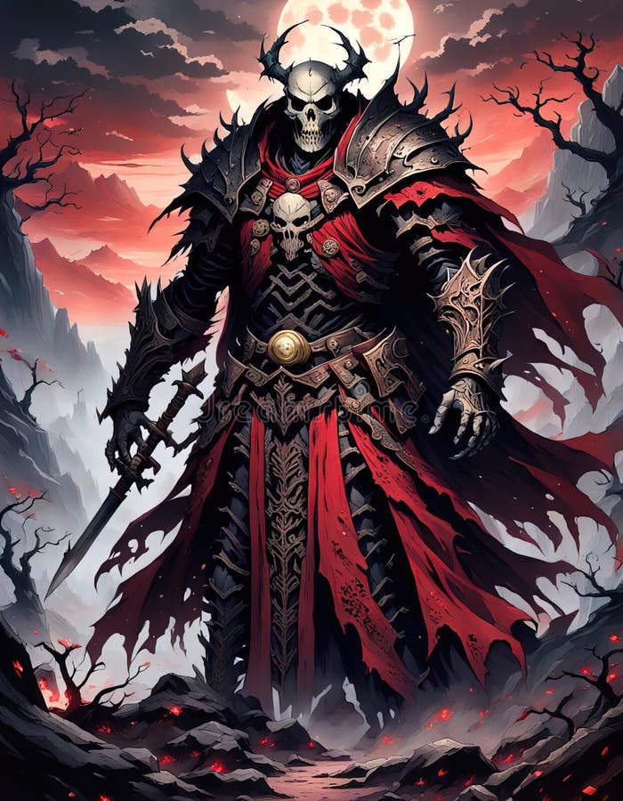 A Skeletal Warrior in Armor Stands in a Dramatic Landscape, Cloaked in ...