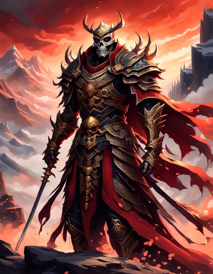 A Skeletal Warrior in Armor Stands in a Dramatic Landscape, Cloaked in ...